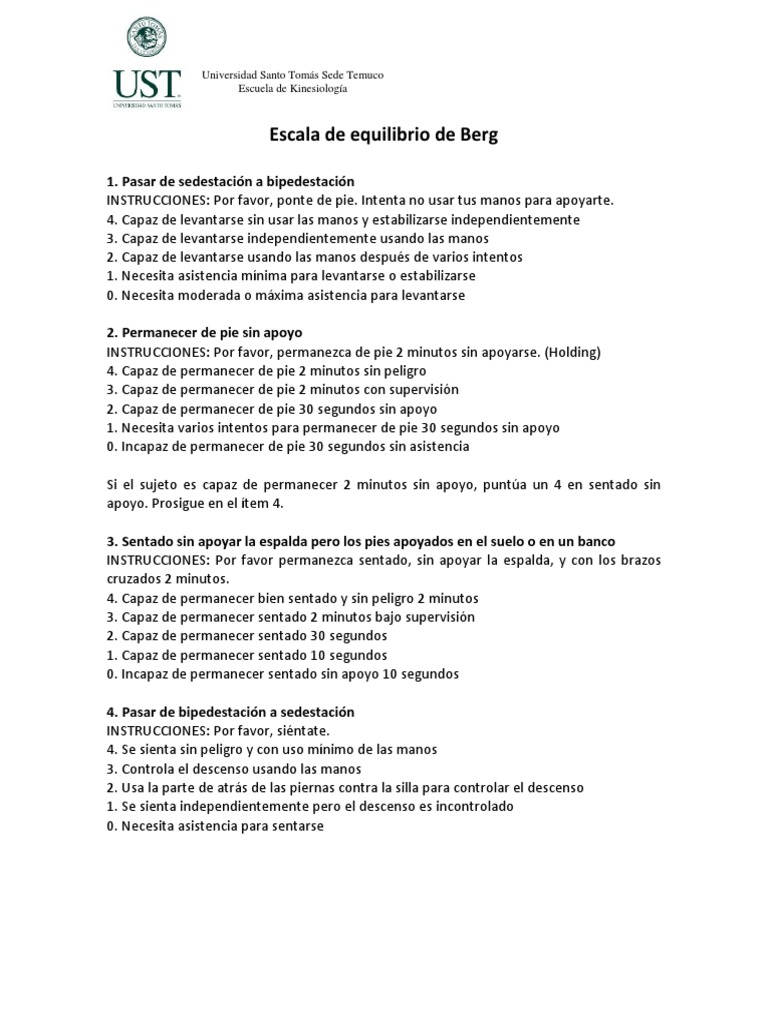 Escala de Equilibrio de Berg PDF | Descargar gratis PDF | Pie | Deportes