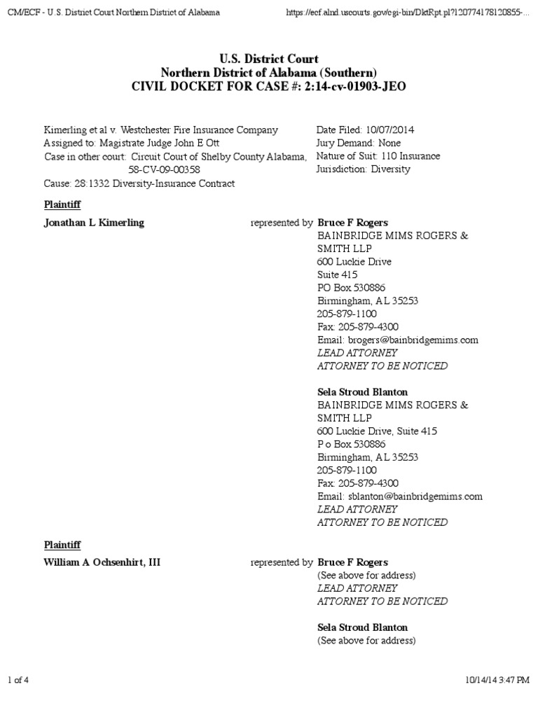 KIMERLING Et Al v. WESTCHESTER FIRE INSURANCE COMPANY Docket | PDF | Cm ...