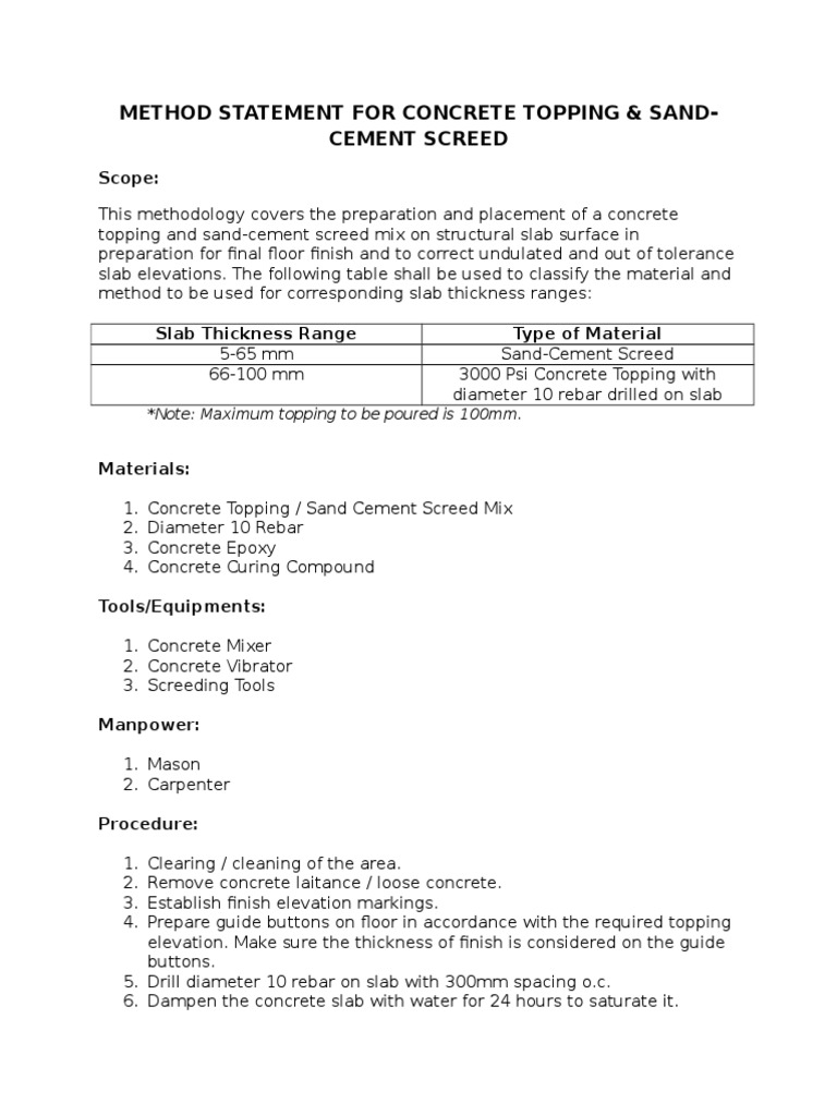 Concrete Topping Method Statement | PDF | Concrete | Industries