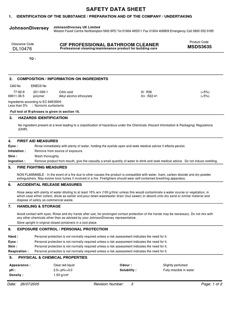 CIF Professional Bathroom Cleaner SDS | PDF | Safety | Chemistry