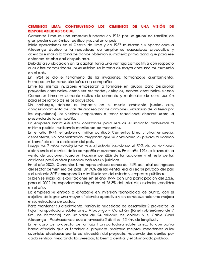 Cementos Lima: Responsabilidad Social y Crecimiento | PDF ...