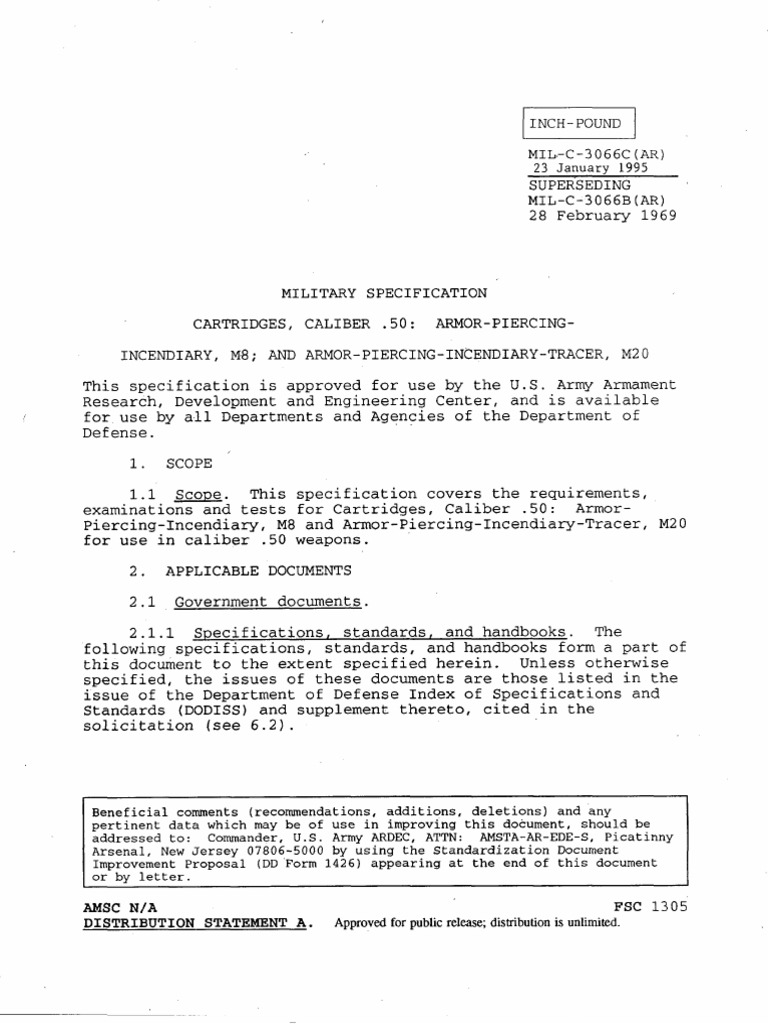Mil-C-3066c Cartridge Caliber 0.5 m8 - Api - m20 - Apit (Jan 1995 ...