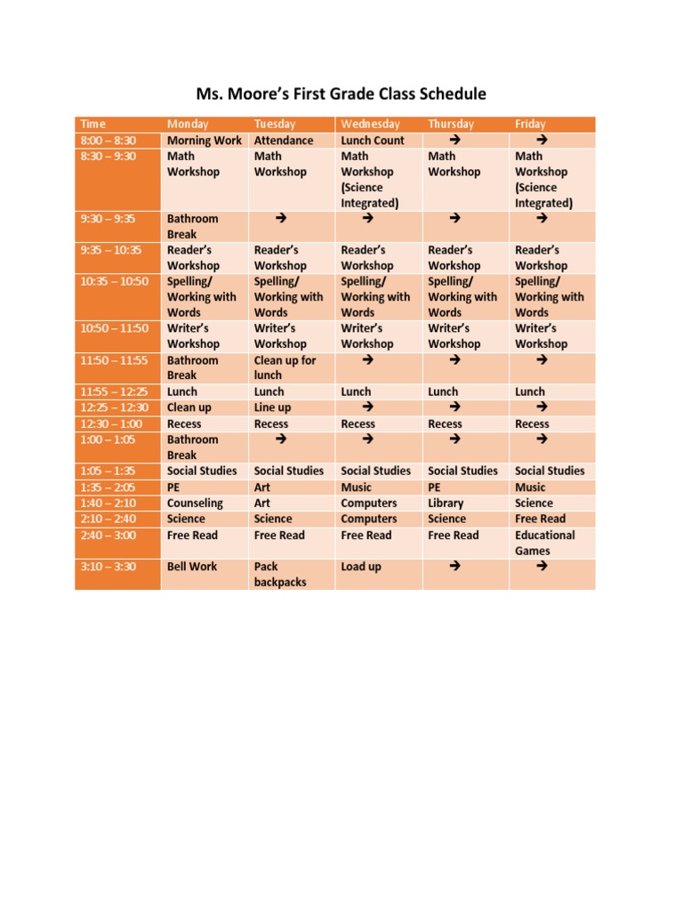 First Grade Class Schedule Overview | PDF | Language Arts & Discipline