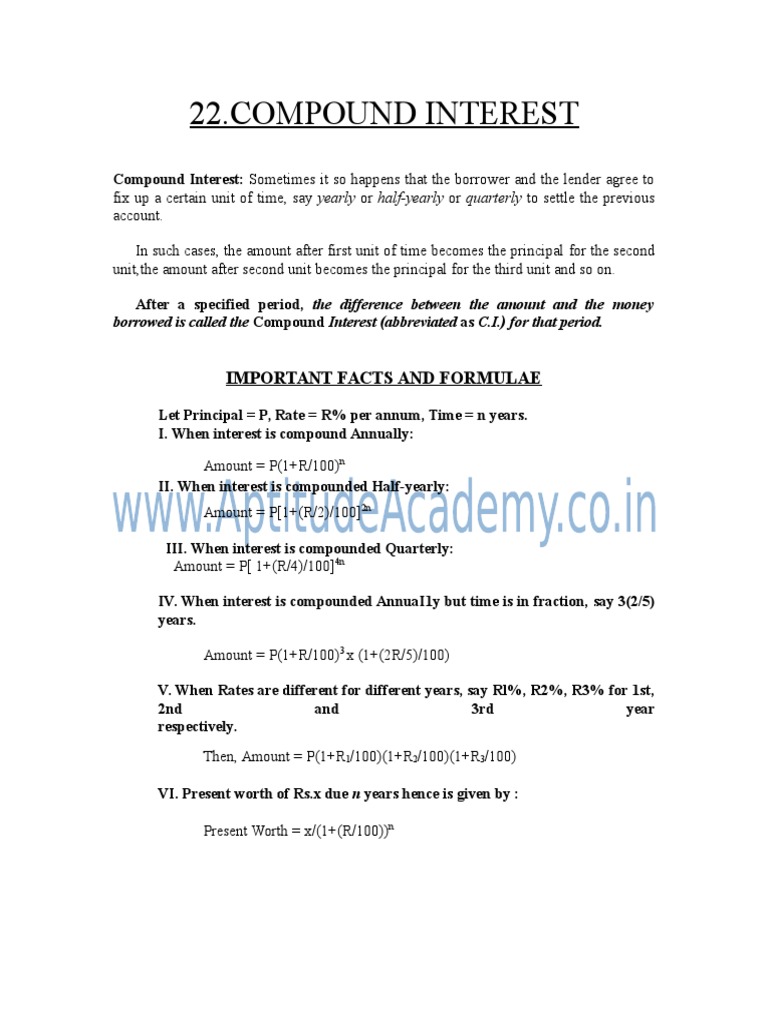 Important Facts and Formulae: Borrowed Is Called The Compound Interest ...