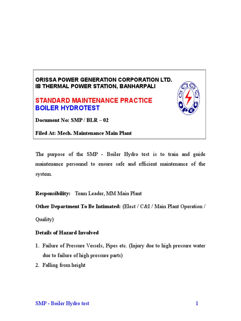 Revised SMP - Boiler Hydro Test | PDF | Boiler | Pump