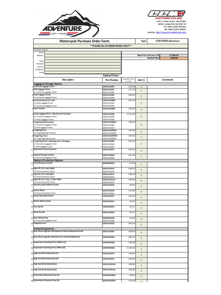 CCM GP450 Adventure Purchase Order Form | PDF | Wheeled Vehicles | Vehicles