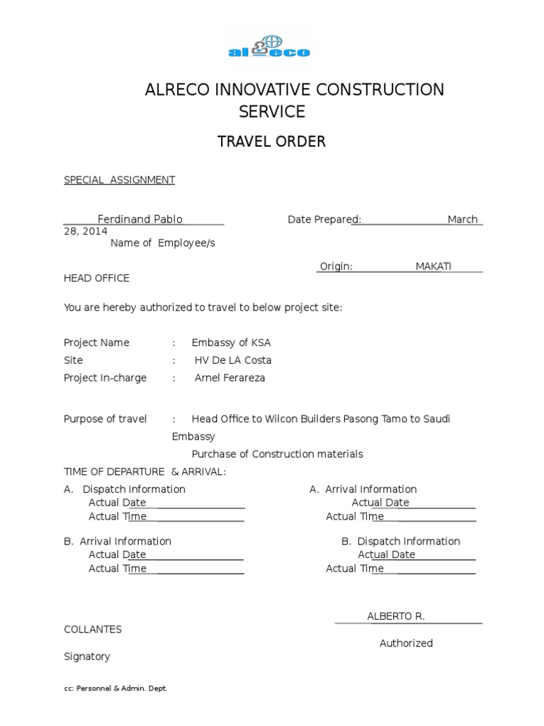 Travel Order Form | PDF