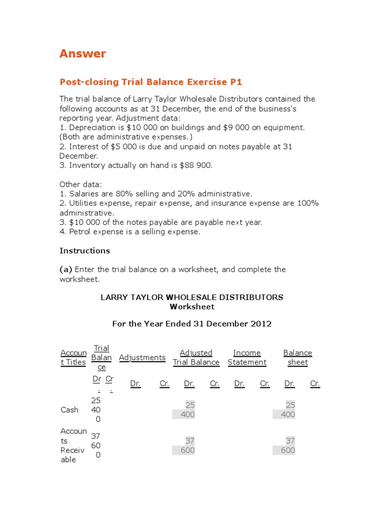 Post-Closing Trial Balance Exercise P1. Answer | PDF | Expense | Debits ...