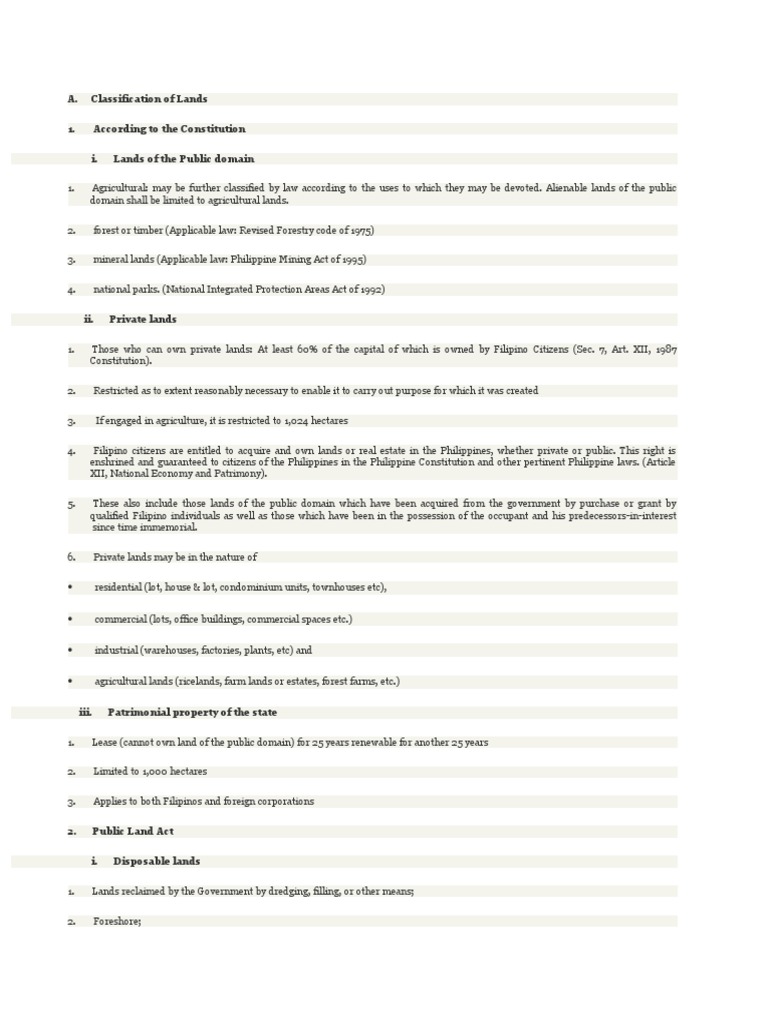 A. Classification of Lands 1. According To The Constitution I. Lands of ...