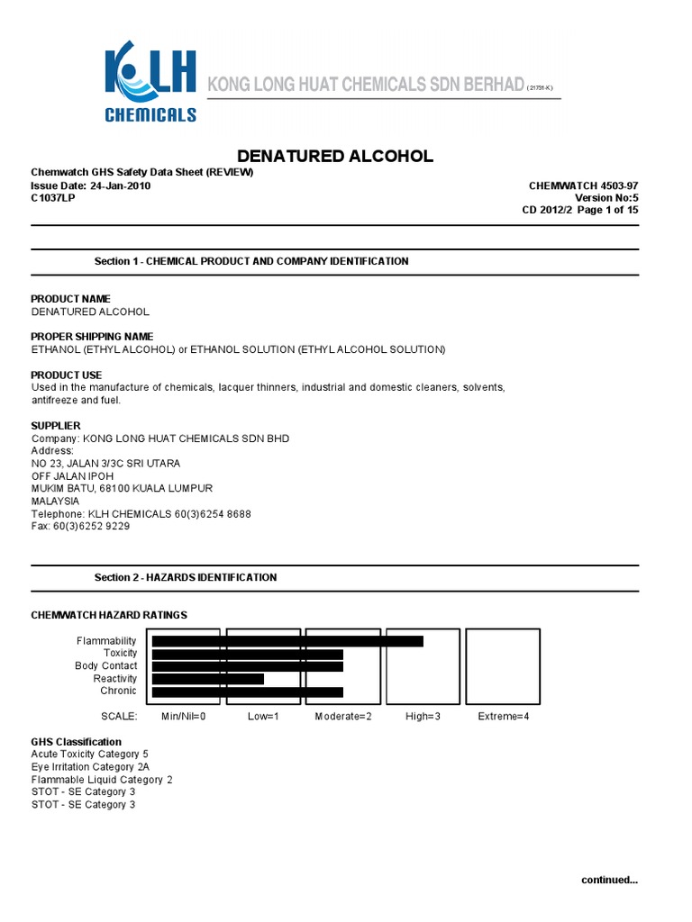 Denatured Alcohol, BI GHS 2012 | Dangerous Goods | Waste Management