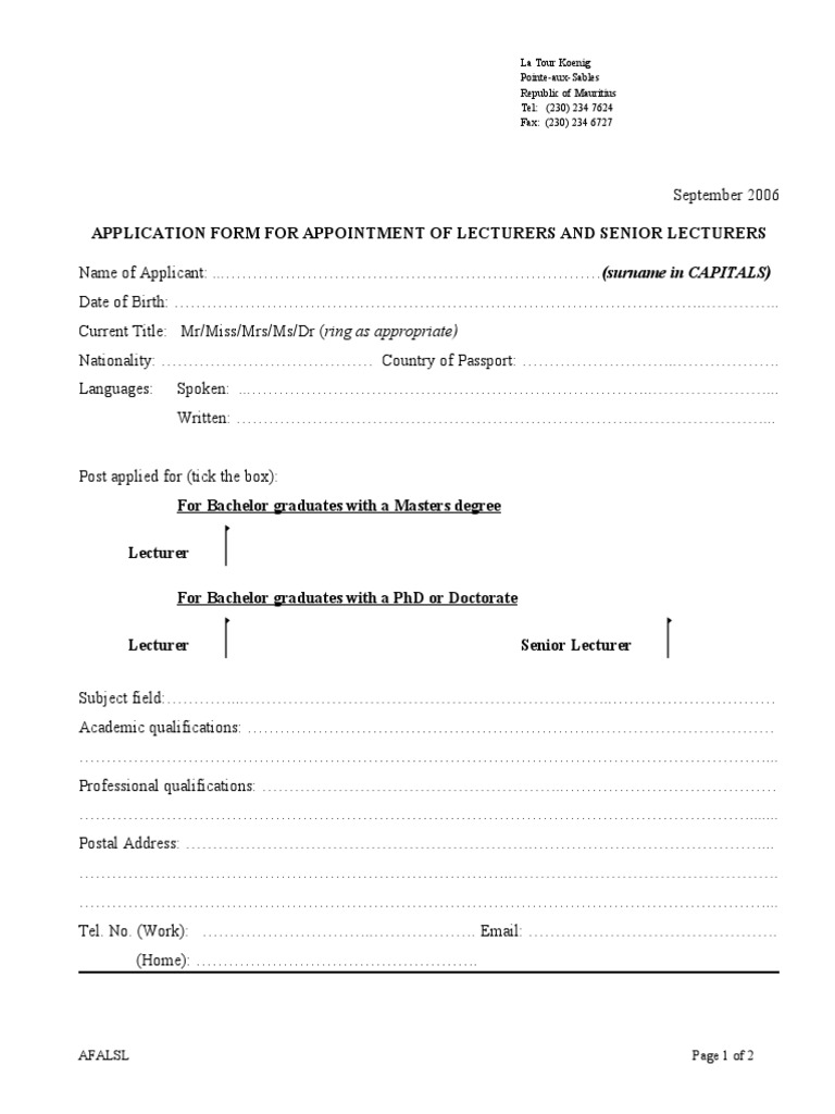 Lecturer Application Form Template | PDF | Academic Degree | Titles