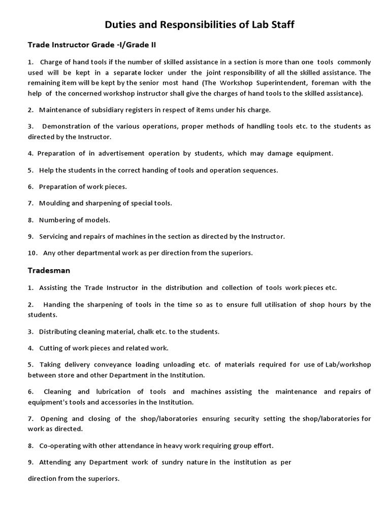 Duties and Responsibilities of Lab Staff | PDF | Career & Growth ...