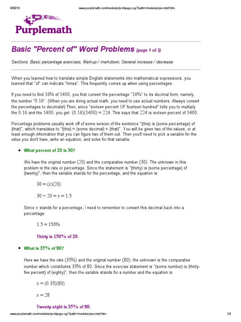 Basic Percent of Word Problems 1 | PDF | Percentage | Equations