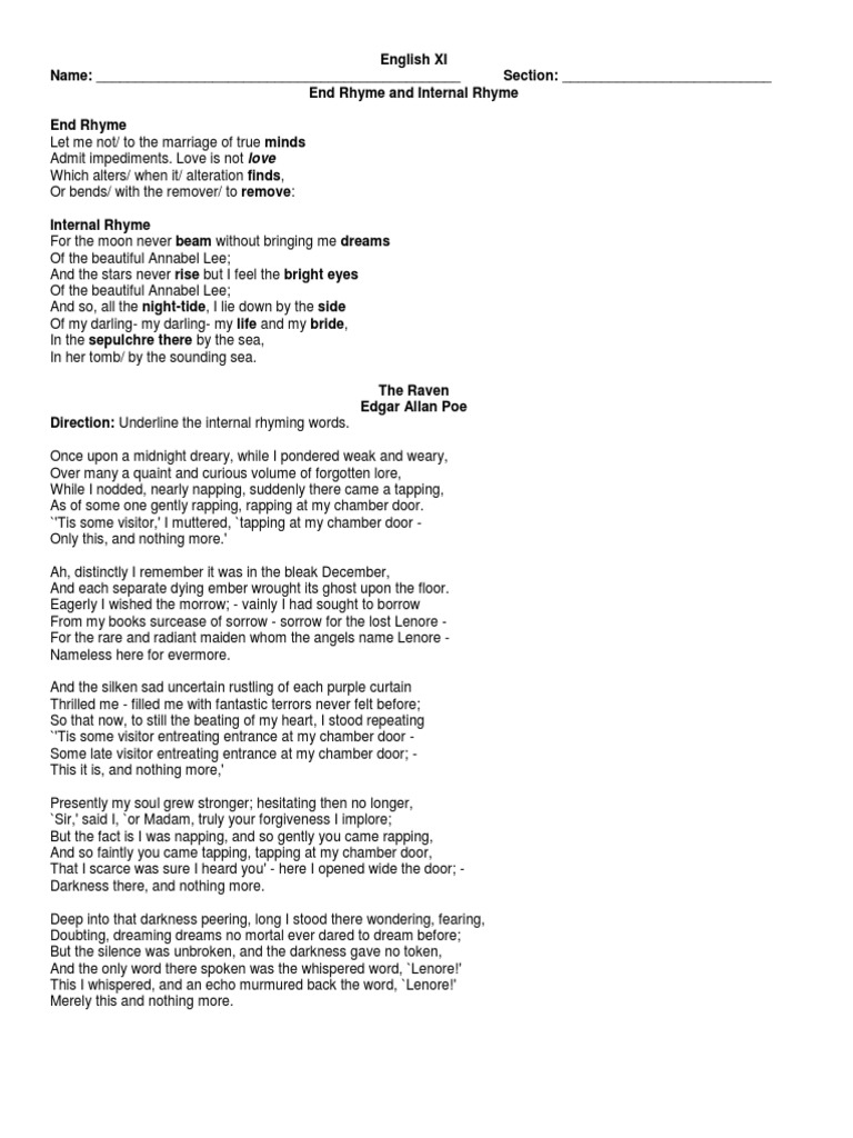 End Rhyme and Internal Rhyme Worksheet | PDF | The Raven | Poetry