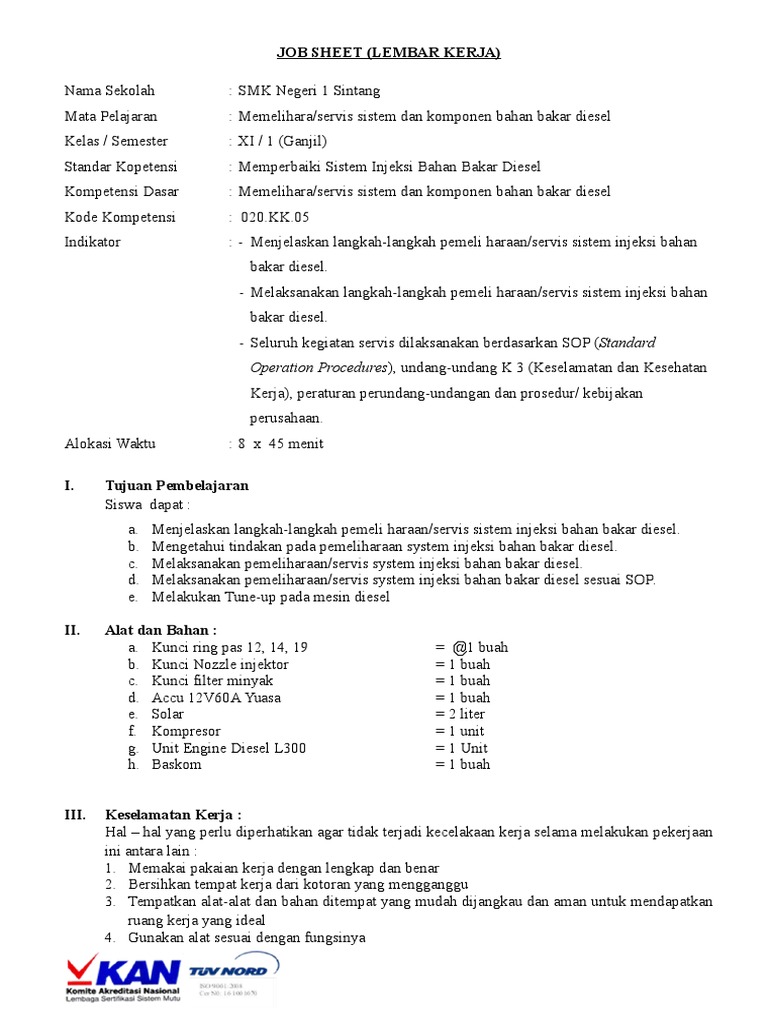 Job Sheet Diesel TKR KD 1 | PDF | Metode & Bahan Ajar | Teknologi & Rekayasa