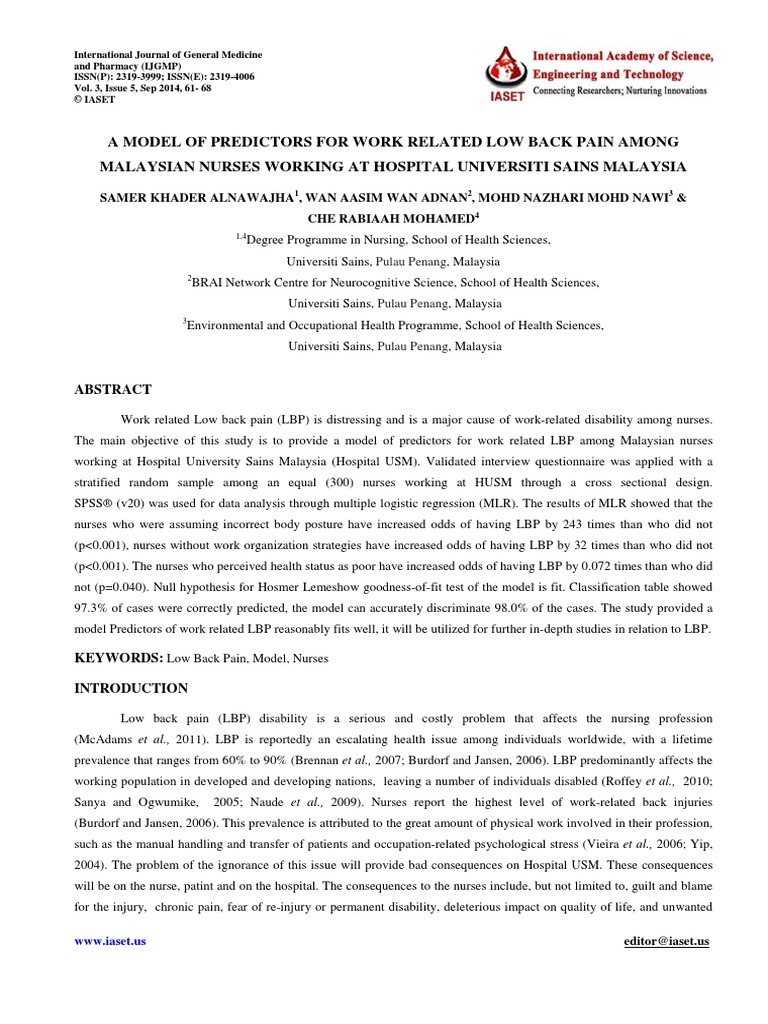 IJGMP - Medicine - A Model of Predictors For Work Related - Samer Khader - Palestine | PDF ...