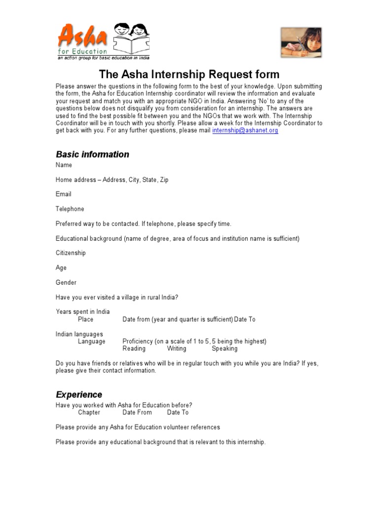 The Asha Internship Request Form: Basic Information | PDF | Internship ...