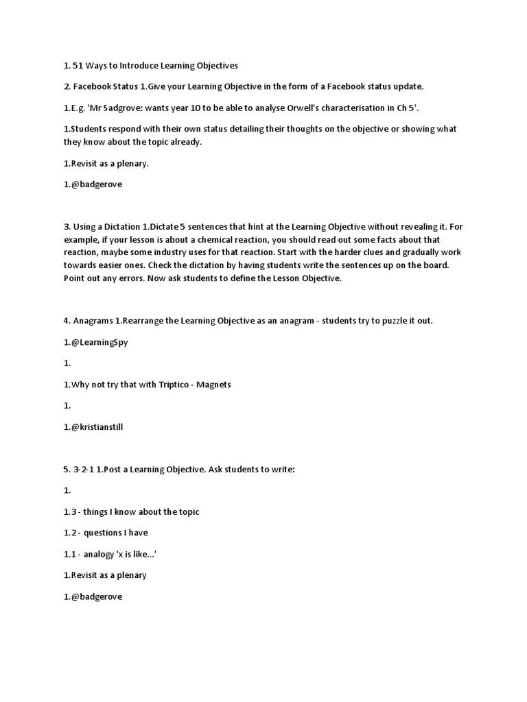 51 Creative Ways to Present Learning Objectives | PDF | Phrase | Learning