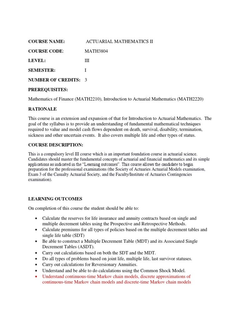 MATH3804 Syllabus | PDF | Actuary | Actuarial Science