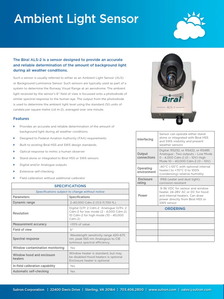 Biral ALS-2 Ambient Light Sensor Datasheet | PDF | Sensor | Light