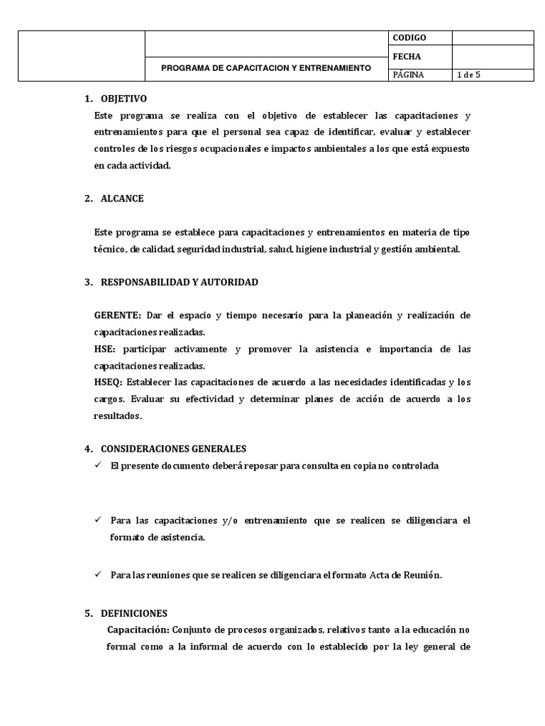 Programa De Capacitacion Y Entrenamiento Pdf Calidad Comercial