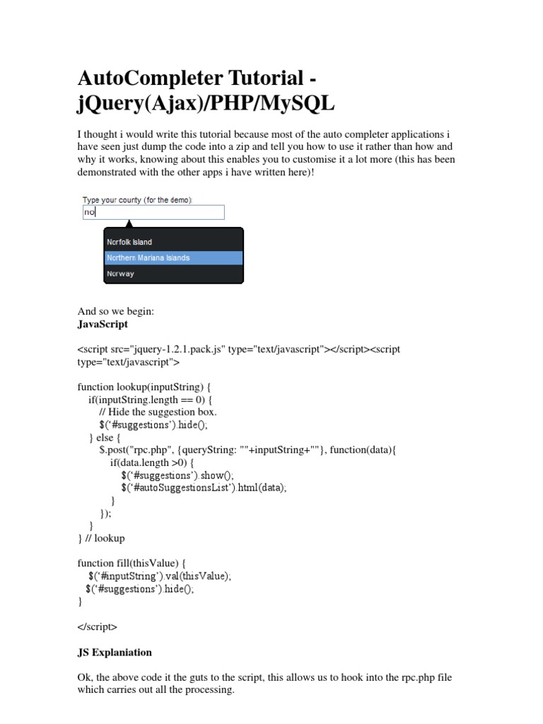 Autocompleter Tutorial - Jquery (Ajax) /Php/Mysql: Javascript | PDF | Ajax (Programming) | Php