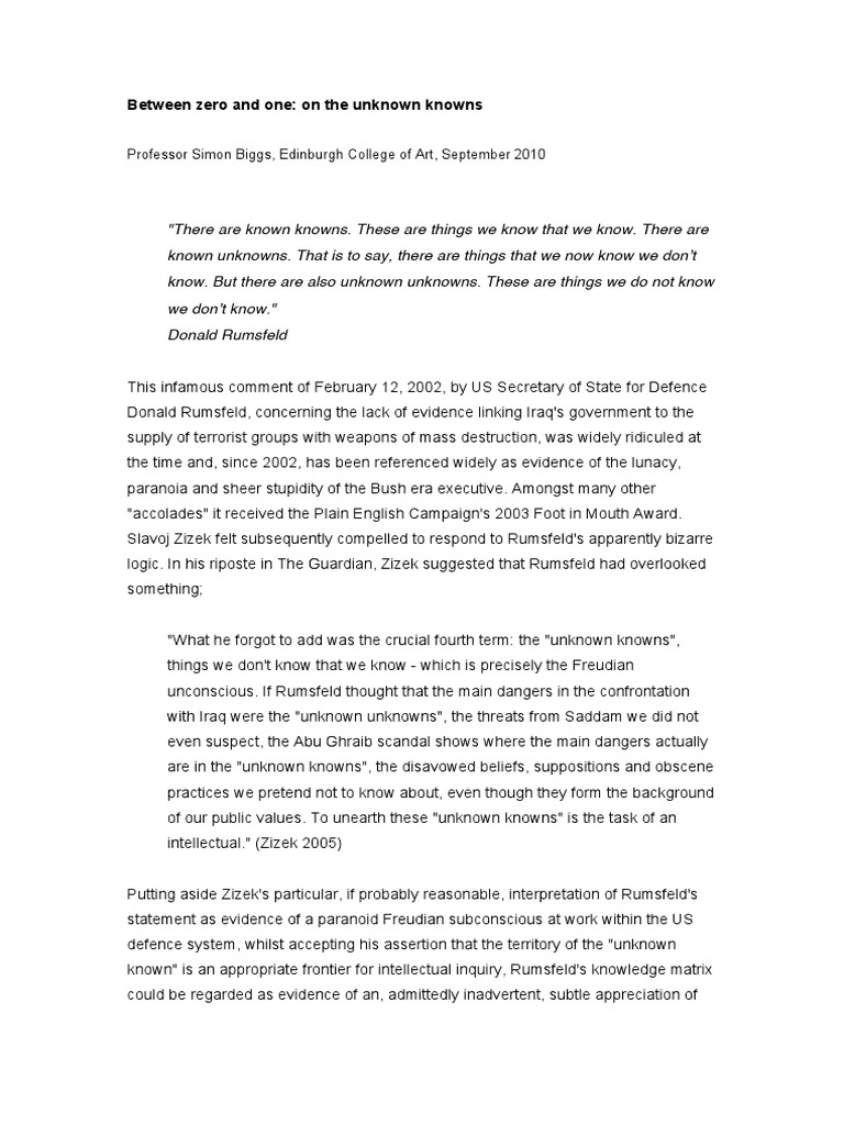 Rumsfeld's Matrix of Knowledge and the Unknown Knowns | PDF ...