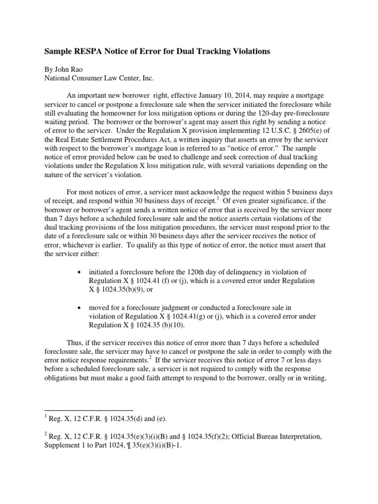 Sample Notice of Error for Dual Tracking Violations | Loss Mitigation ...