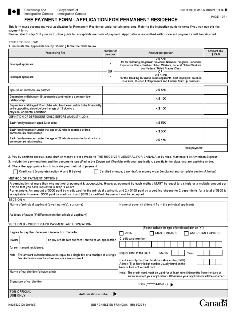 Fee Payment Form - Application For Permanent Residence | PDF