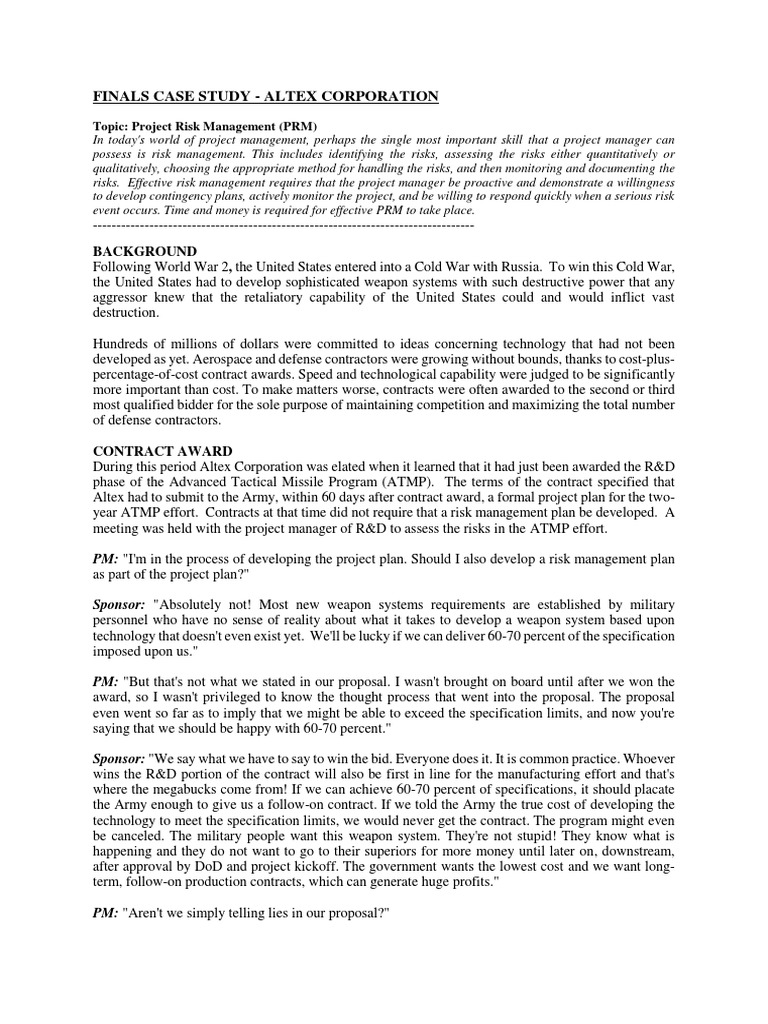 PM Finals Case Study - Altex Corporation | PDF | Risk Management | Risk
