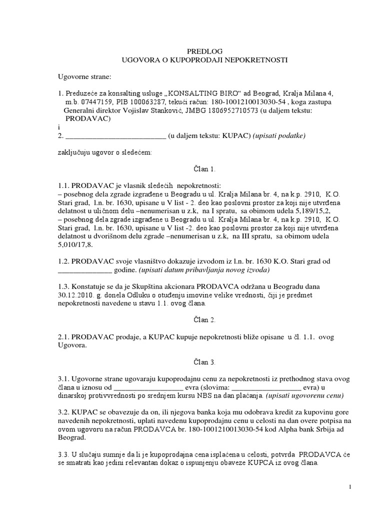 PREDLOG Ugovora o Kupoprodaji Nepokretnosti | PDF