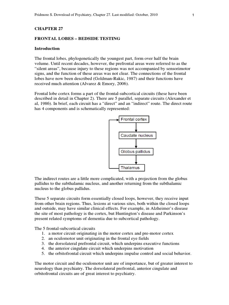 Chapter 27 Frontal Lobes - Bedside Testing | PDF | Cingulate Cortex ...