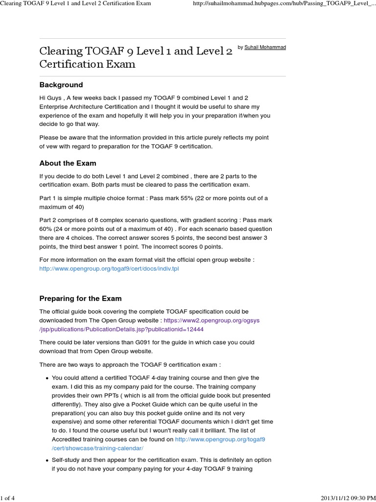Clearing TOGAF 9 Level 1 and Level 2 Certification Exam | PDF | Test ...