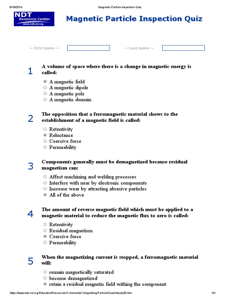 Magnetic Particle Inspection Quiz | PDF | Magnetic Field | Magnetism