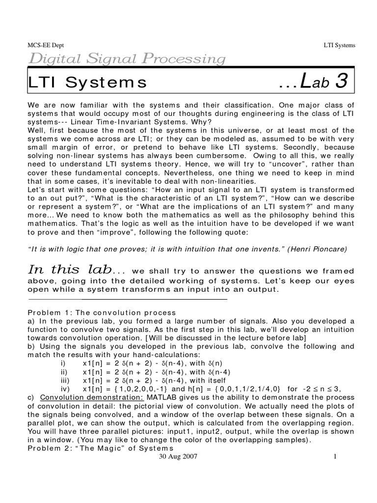 Understanding Linear Time Invariant Systems Through Matlab Experiments And Derivation Of System