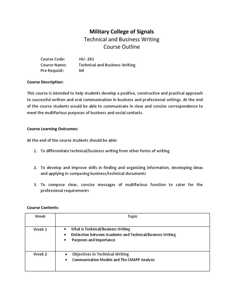 Technical and Business Writing Course Outline: Military College of ...