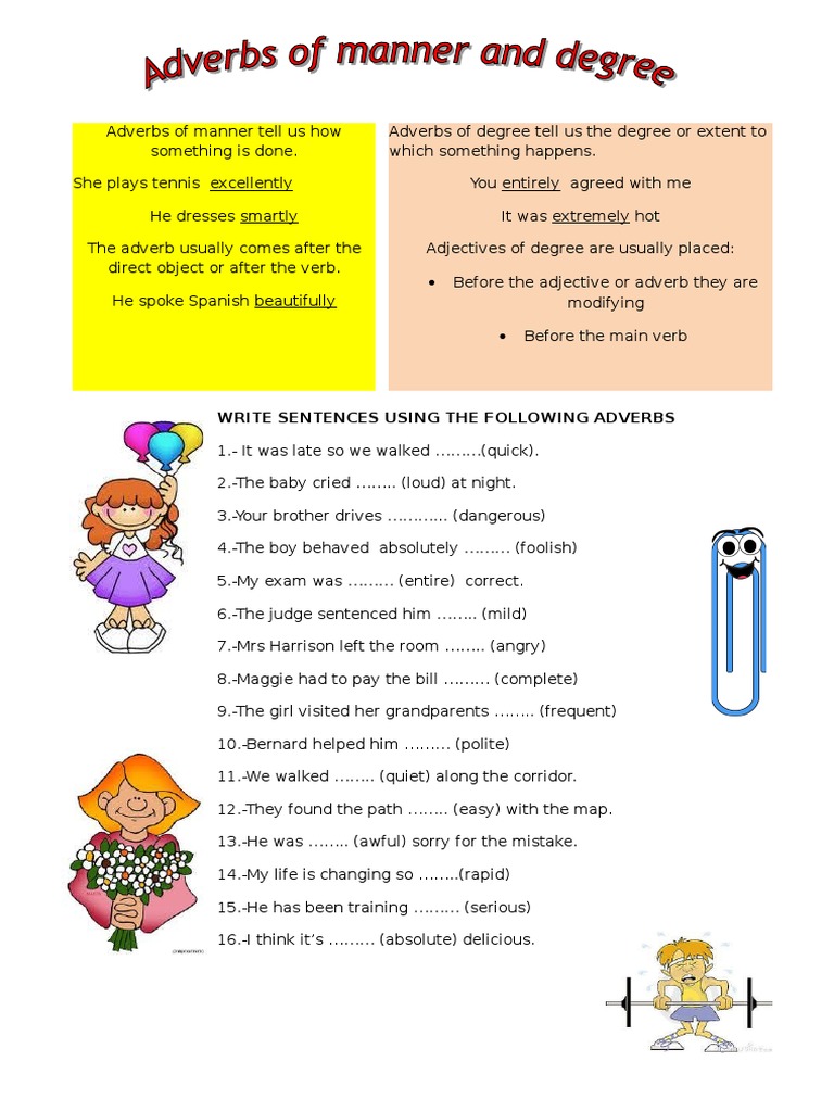Adverbs of manner and degree explained with examples | PDF | Adverb | Verb