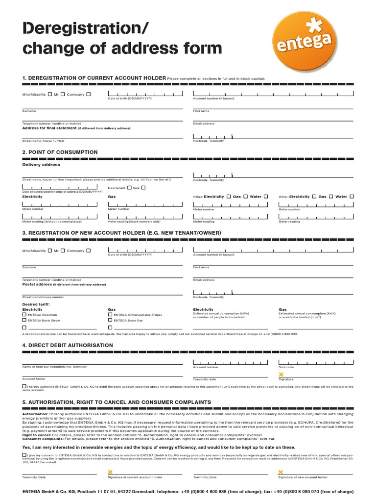ENTEGA Account Change Form | PDF | Address (Geography) | Debit Card