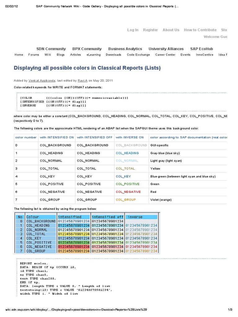 ABAP Color Codes for Reports | PDF | Color | Computing