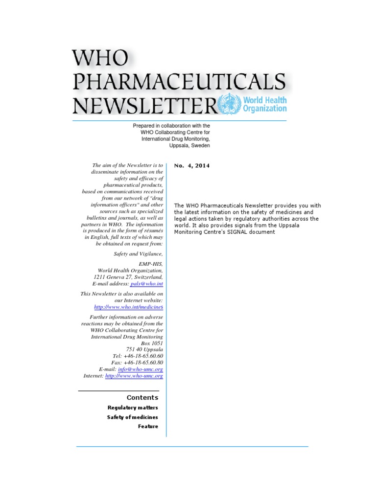 WHO Pharmaceuticals Newsletter No.4, 2014 PDF | PDF | Pharmacovigilance ...