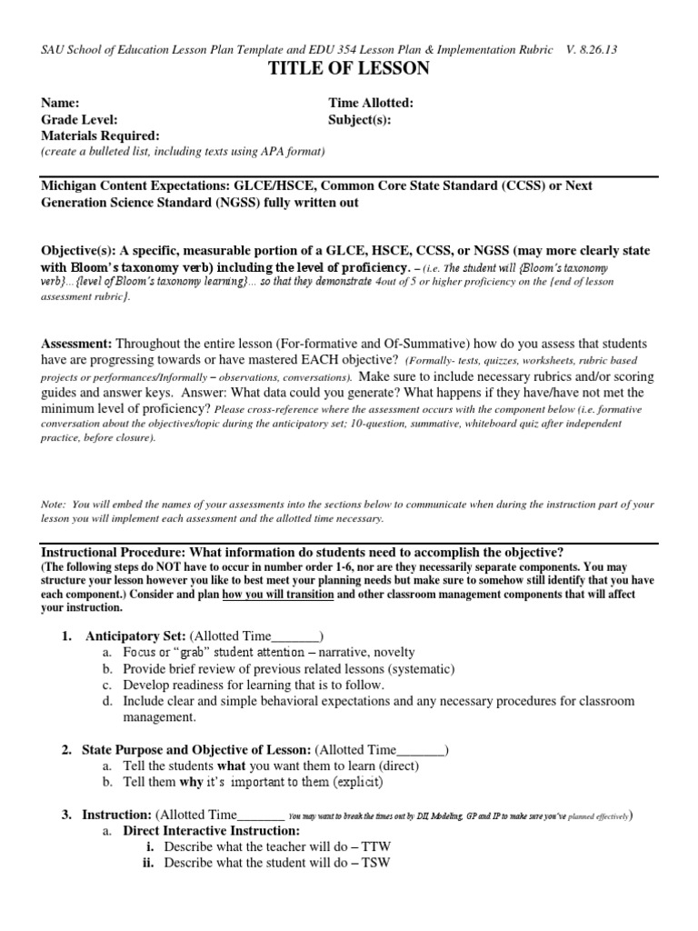 Sau Soe Lesson Plan Template | PDF | Educational Assessment | Lesson Plan
