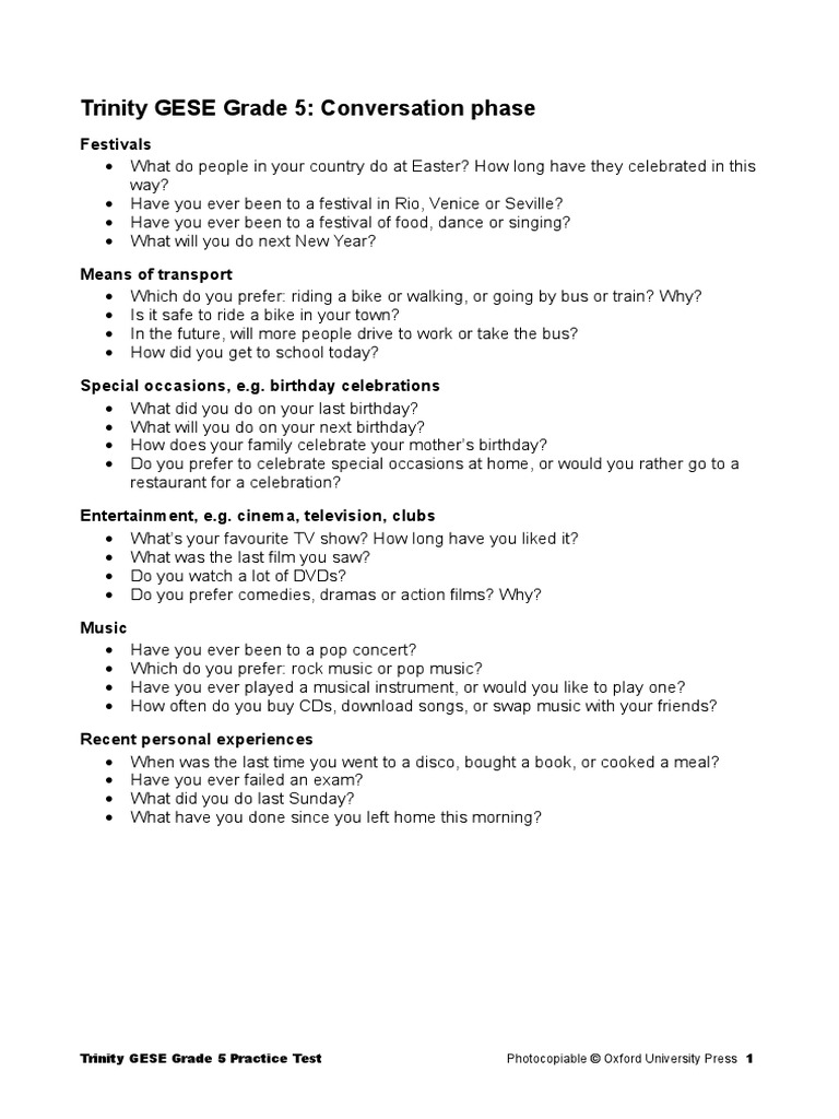 Trinity GESE Grade 5: Conversation Phase: Festivals | PDF