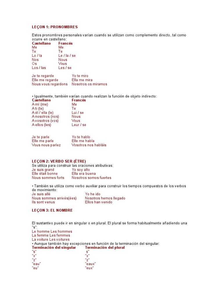 Resumen Gramática Francesa | PDF | Objeto (gramática) | Plural