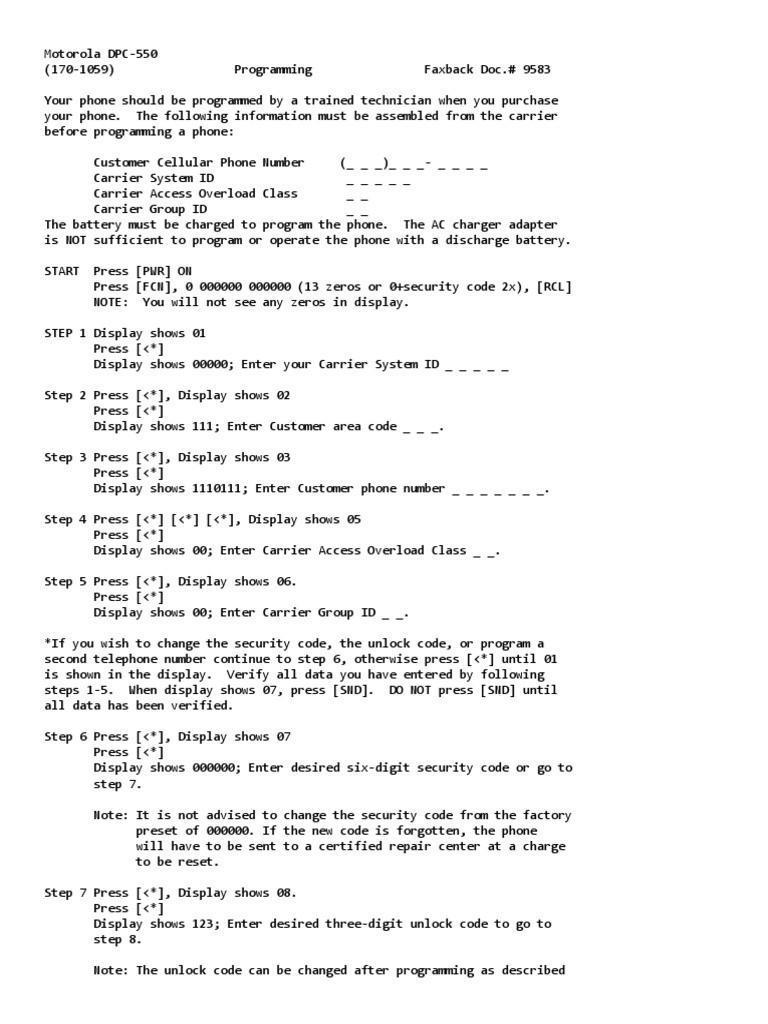 Motorola DPC-550 Cellular Programming | PDF | Telephony | Electronics