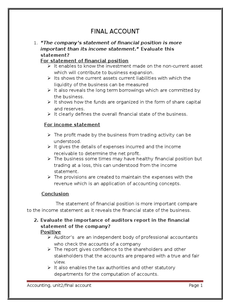 Final Account: Important Than Its Income Statement." Evaluate This ...