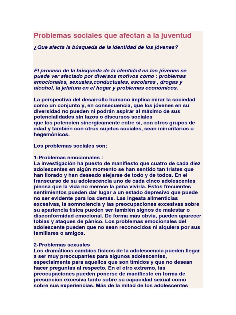 Problemas Sociales Que Afectan A La Juventud | PDF | La dependencia de sustancias | Adolescencia