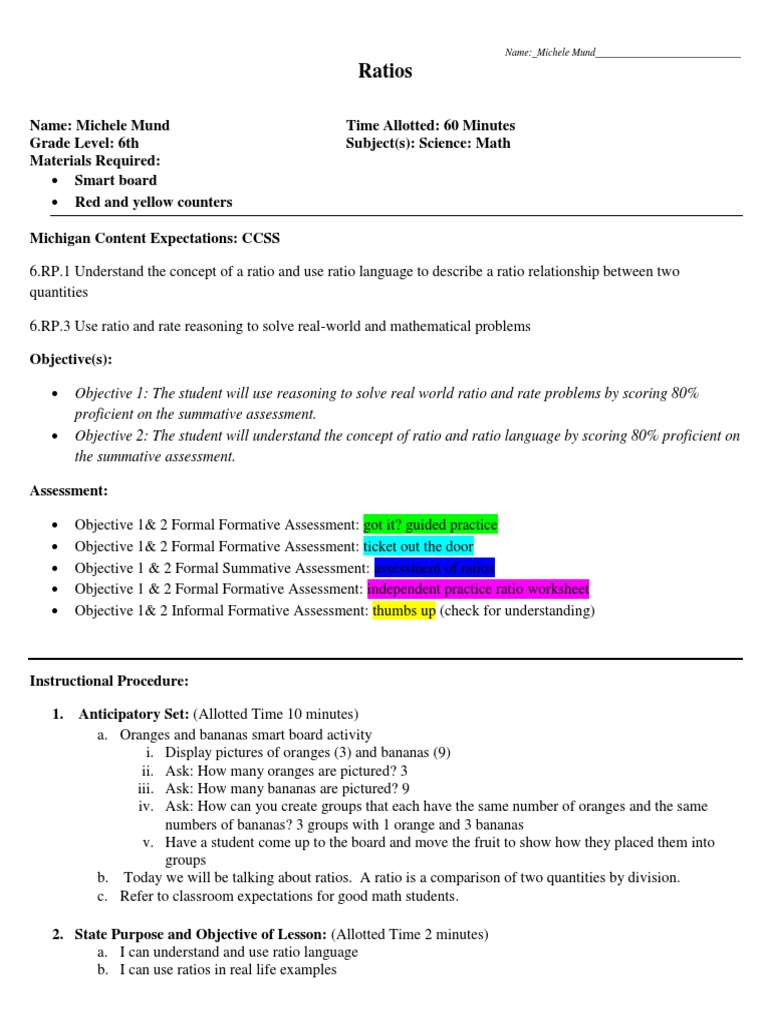 Ratio Lesson Plan | PDF | Ratio | Educational Assessment