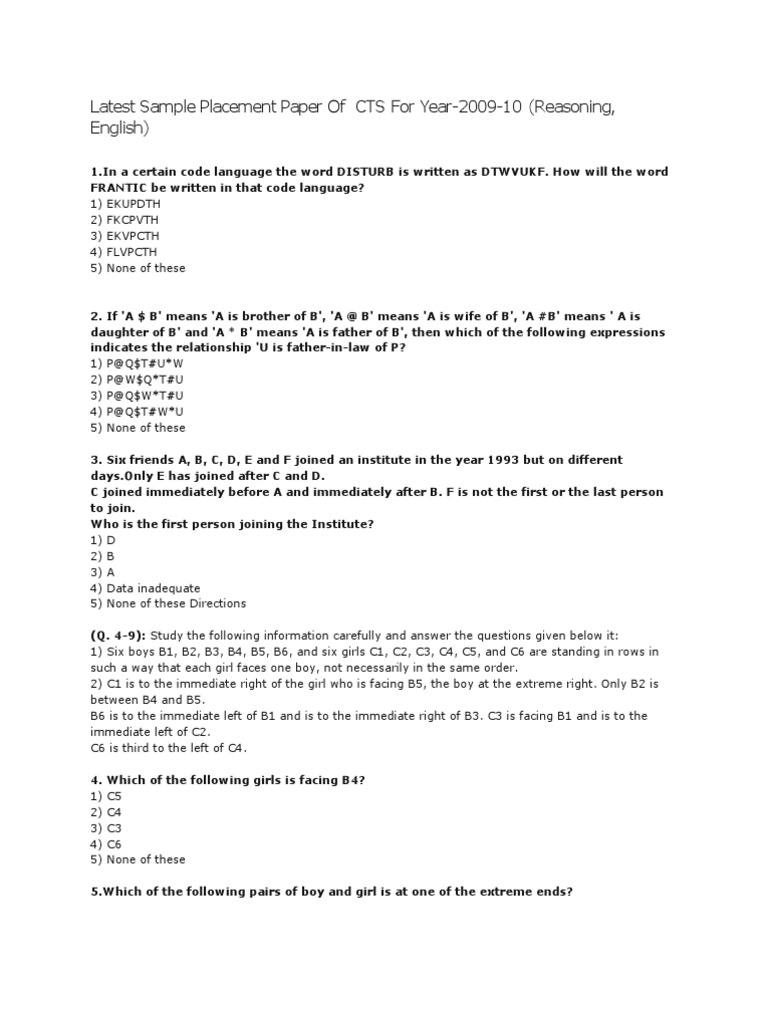 Latest Sample Placement Paper of CTS For Year-2009-10 (Reasoning ...