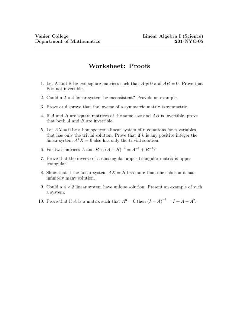 Worksheet: Proofs | PDF | System Of Linear Equations | Matrix (Mathematics)