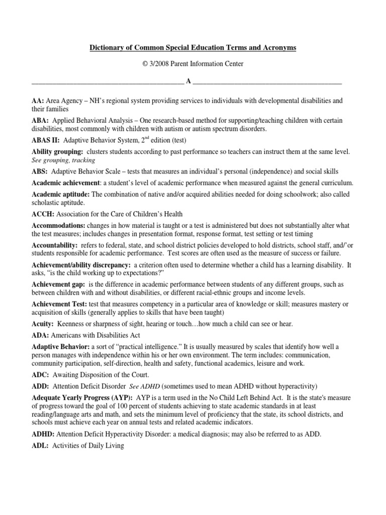 Dictionary of Common Special Education Terms and Acronyms | PDF ...